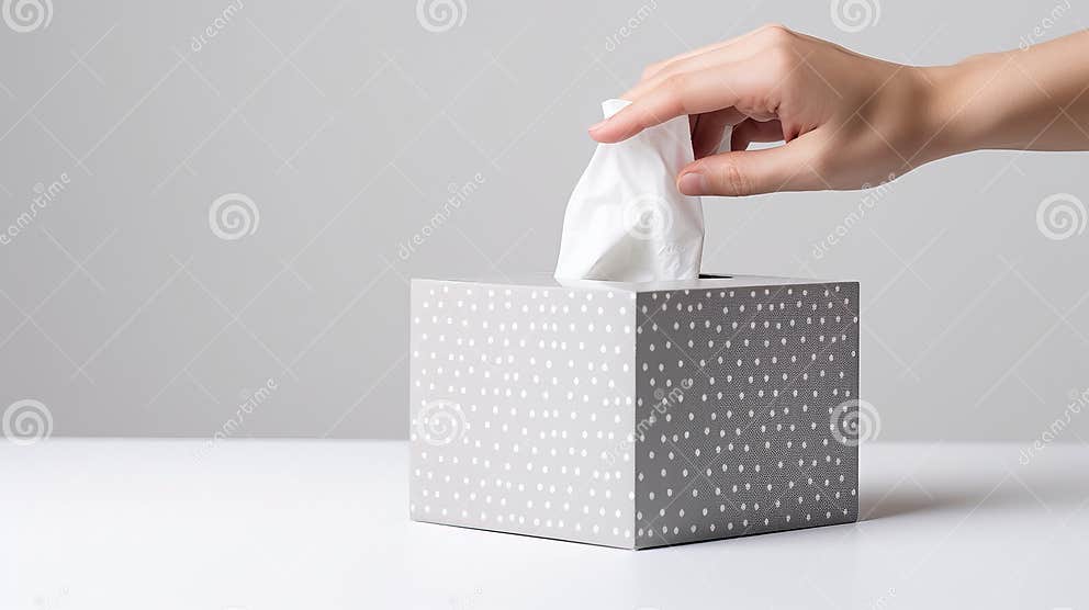Delicate Female Hand Pulling a Tissue from a Grey Tissue Box, on Simple ...