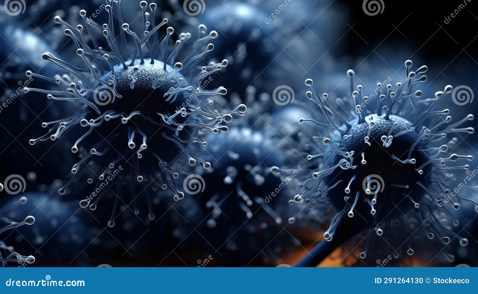 Delicate Flora: Photorealistic Blue Bacteria on Dark Background Stock ...