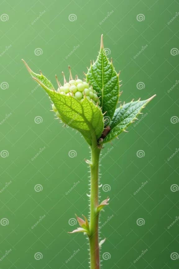 Delicate Green Leaf Unfolding from Raspberry Stem, Leaf, Raspberry ...