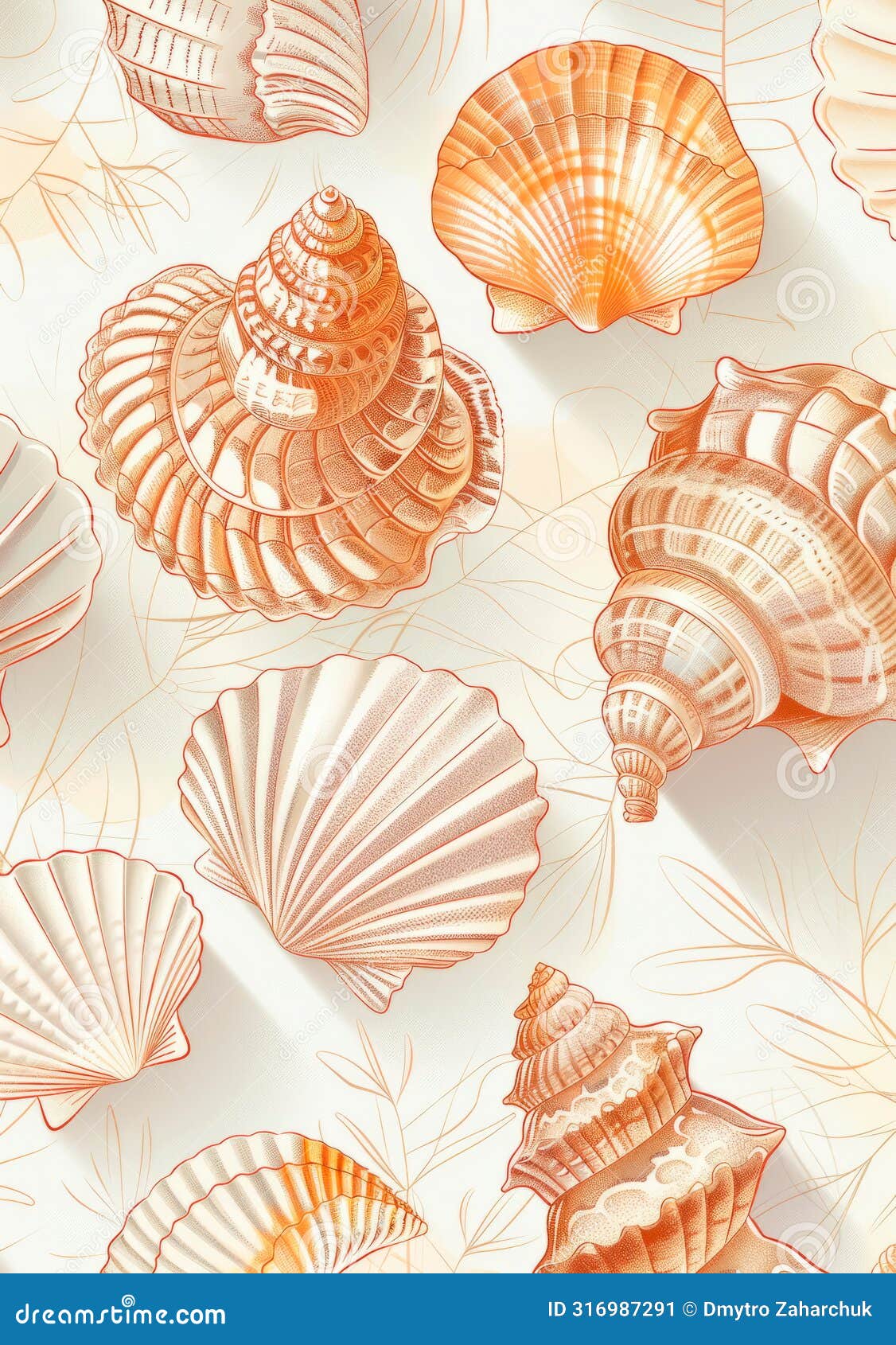 Delicate Hand-drawn Seashells, Elegant Summer Beach Background, White And Beige Stock Image ...