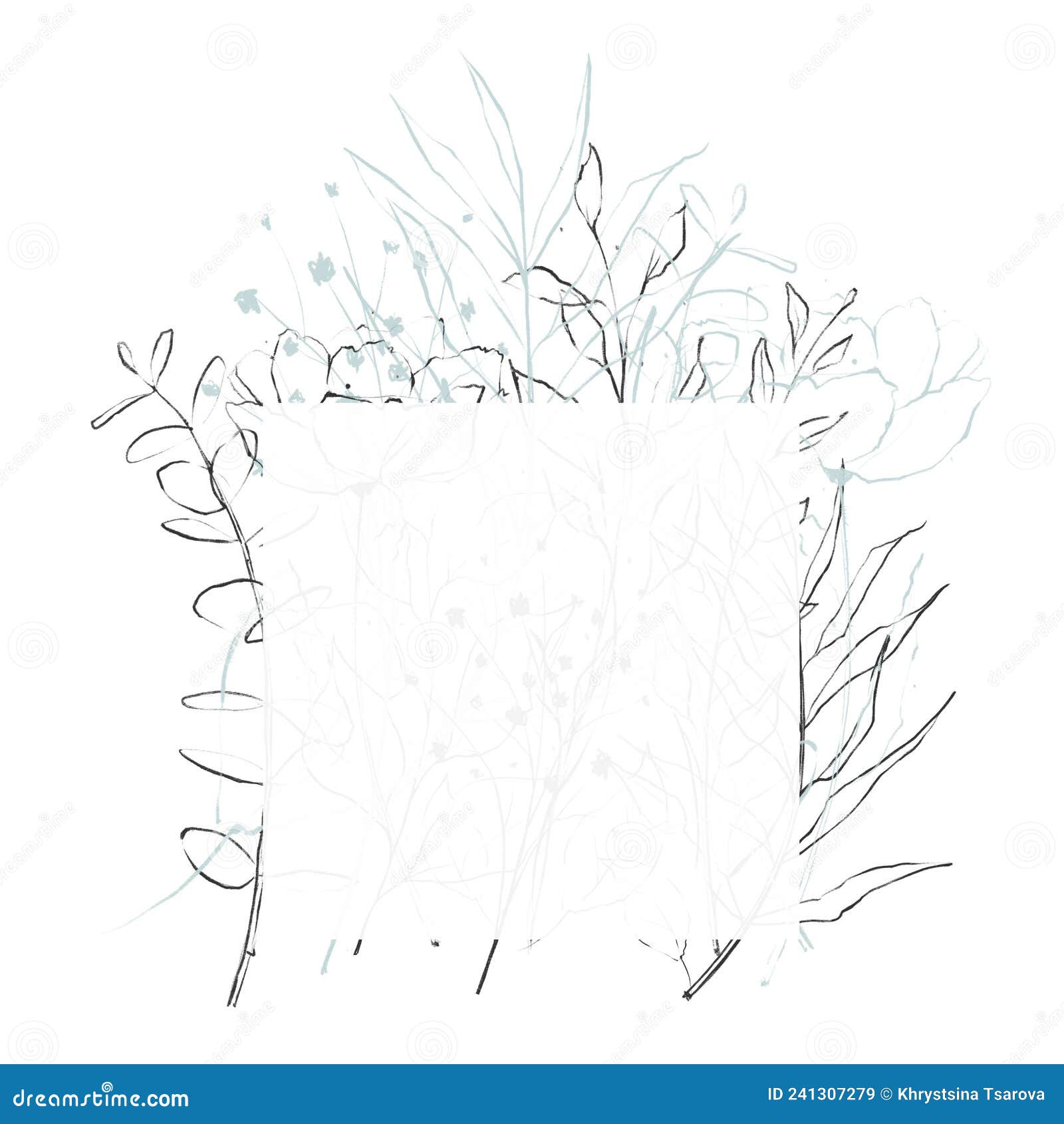 Delicate Line Art Square Frame Template. Branches, Blue Leaves. Wedding ...