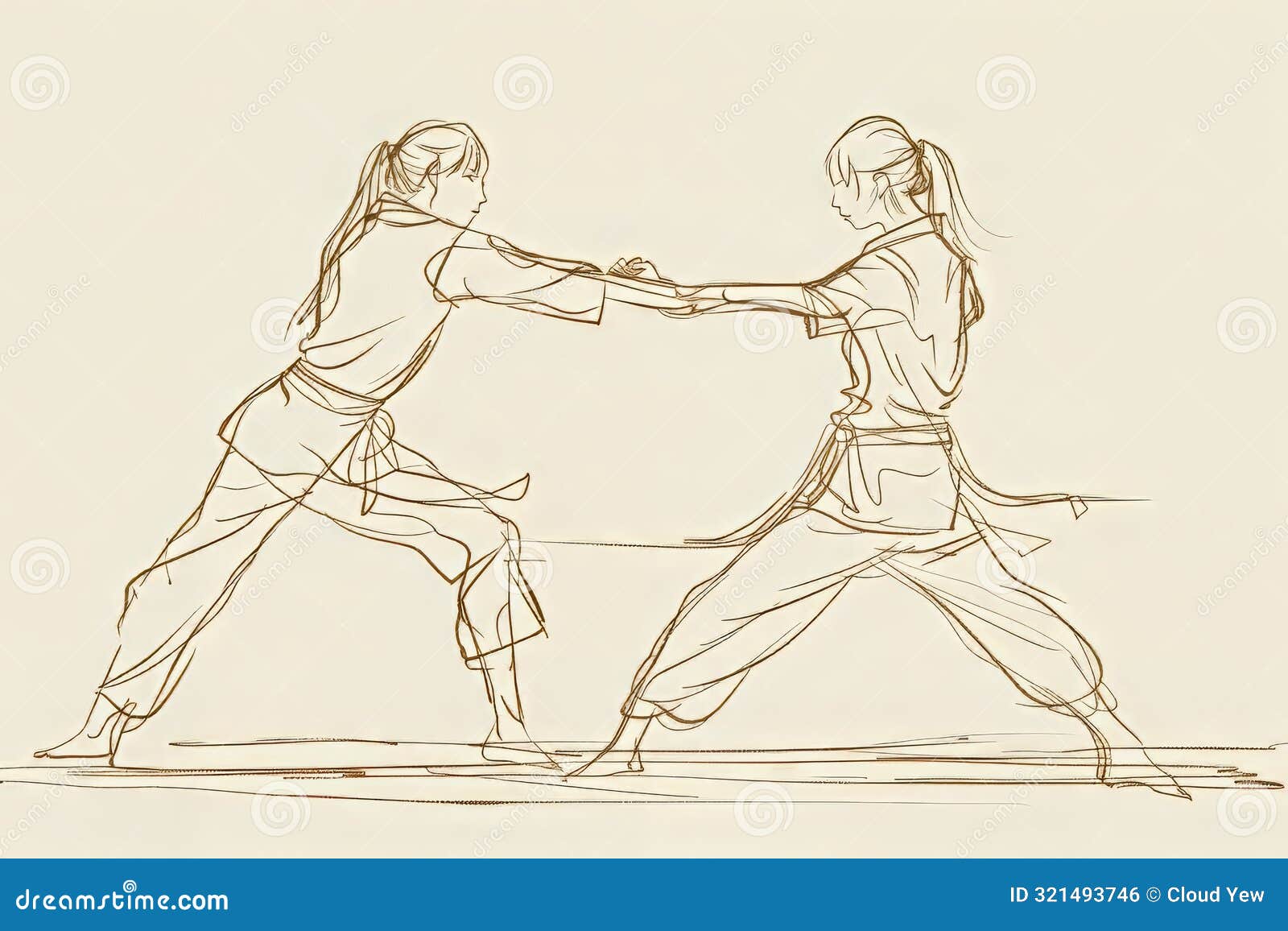 Delicate Line Drawing of Two Sisters Practicing Martial Arts Stock ...