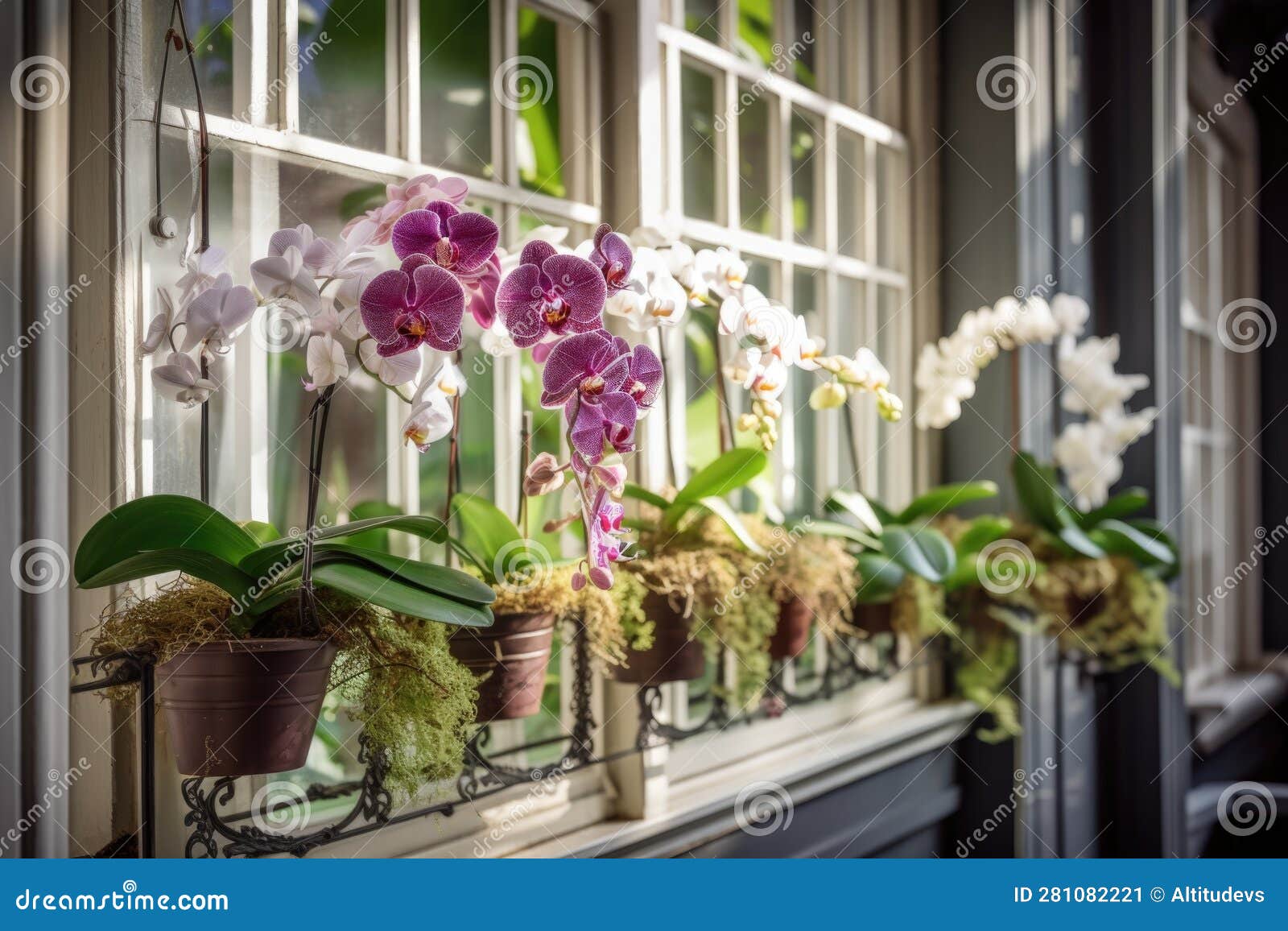 Delicate Orchids in a Window Garden on a Balcony Stock Illustration ...
