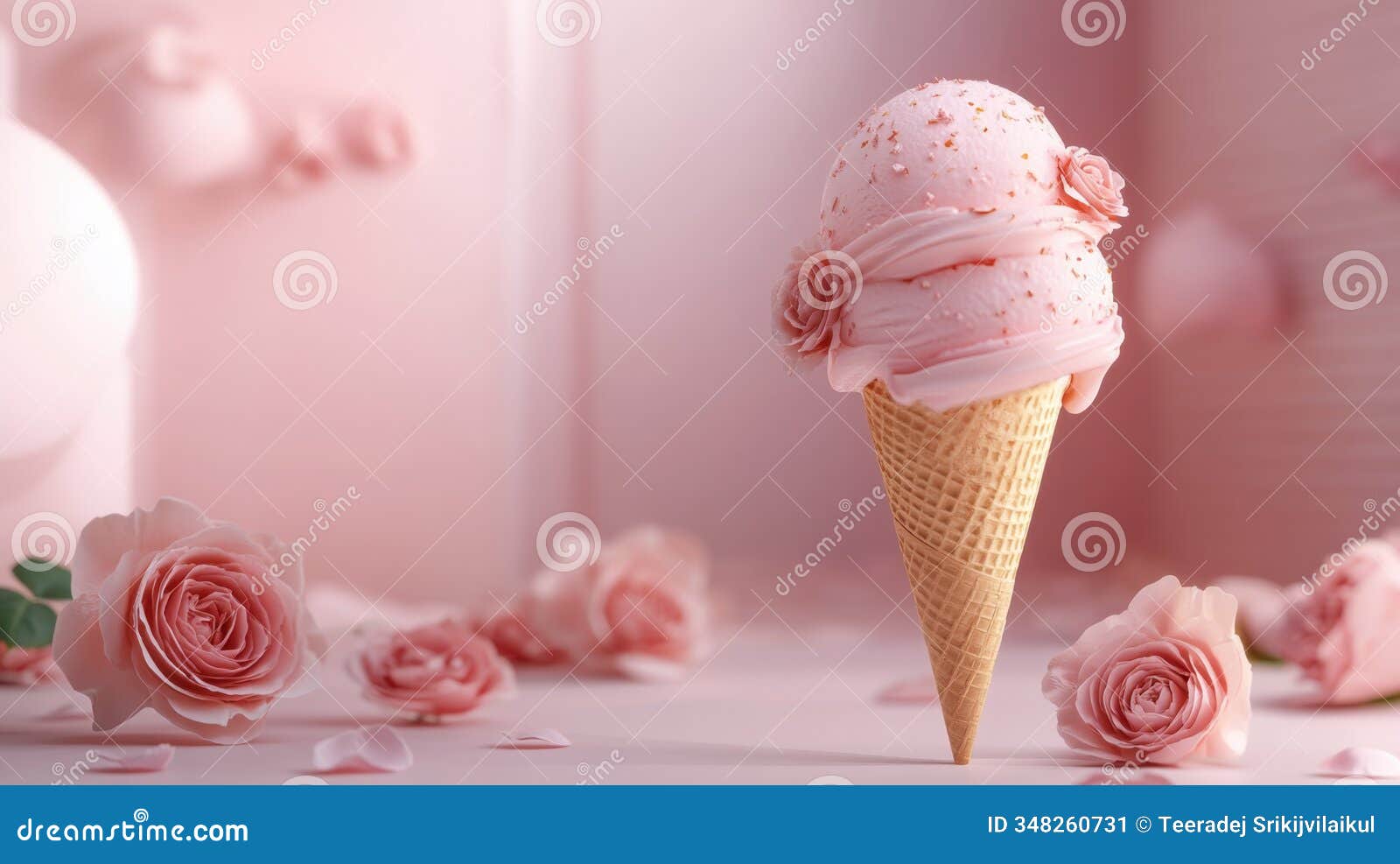 Delicate Pink Ice Cream Cone with Roses in Soft Pastel Setting ...