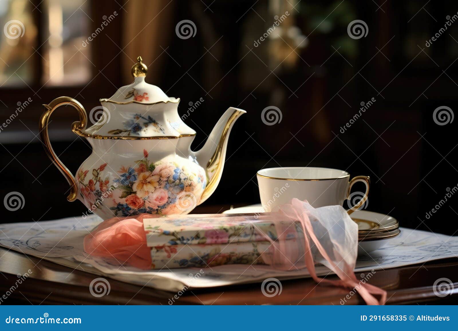 A Delicate Porcelain Teapot Near a Stack of Presentation Papers on the ...
