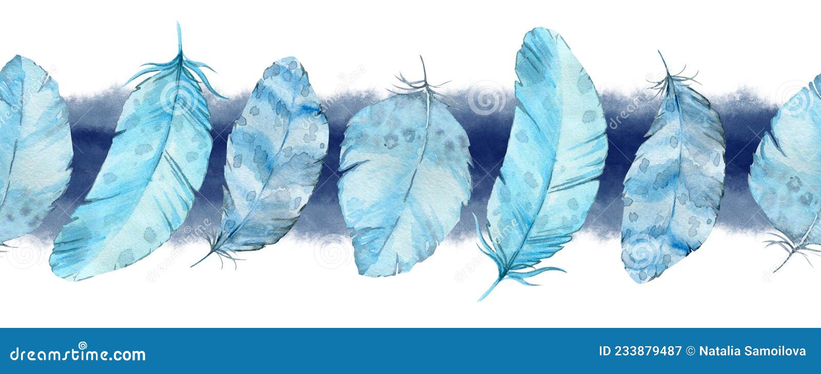 Delicate Seamless Border, Pattern, Blue Feathers, Watercolor ...