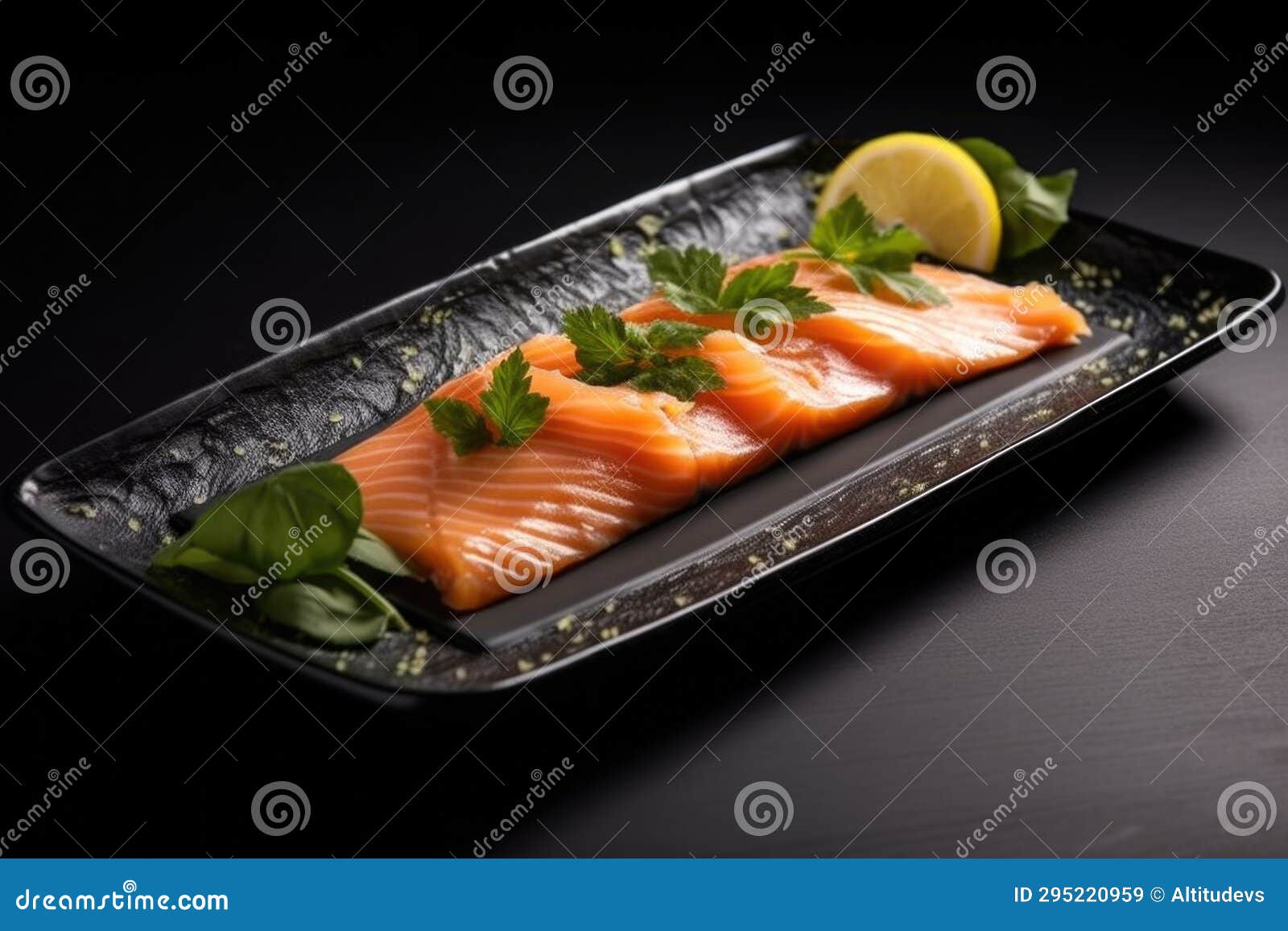 Delicate Smoked Salmon Served on Dark Plate Stock Image - Image of ...