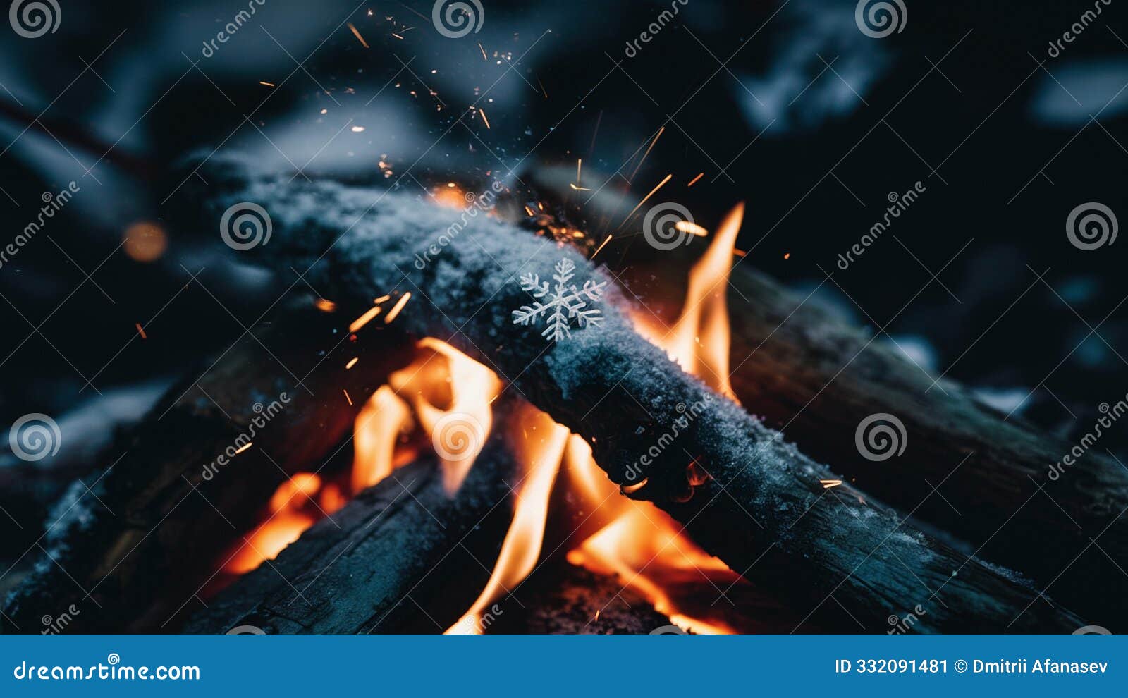 A Snowflake Melting on a Glowing Campfire with Sparks in the Night ...
