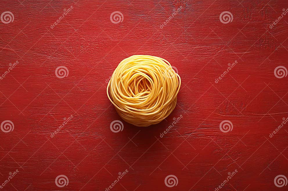 A Single Strand of Spaghetti Resting on a Vibrant Red Table Top in a ...