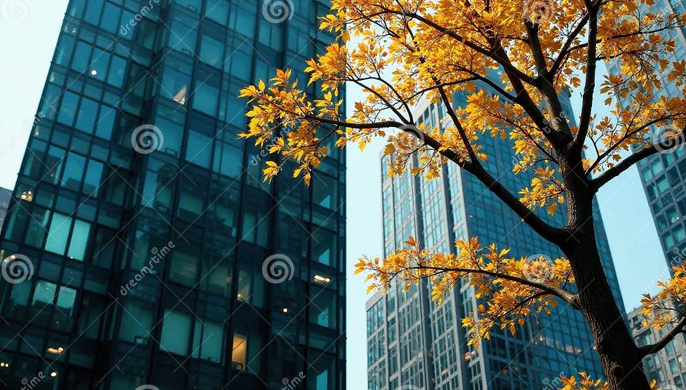 Delicate Tree Branches Reflected in Skyscraper Windows Trees Pane Facade Stock Illustration ...