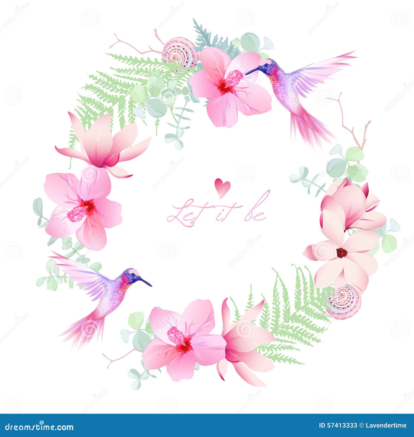 Delicate Tropical Flowers with Flying Hummingbirds Round Vector Stock ...