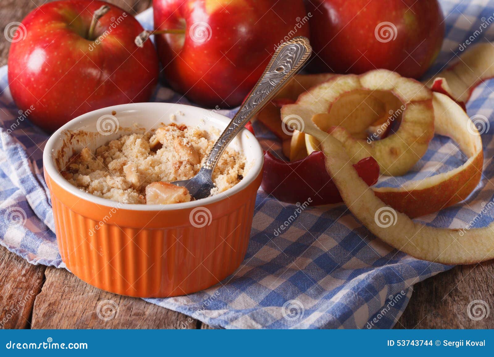 Delicious Apple Crumble Close-up in a Pot. Horizontal Rustic Stock ...