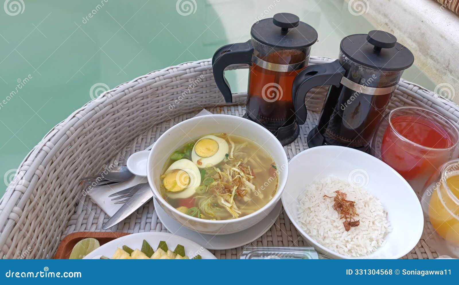 Delicious Asian Breakfast on Floating Tray in Pool Stock Photo - Image ...