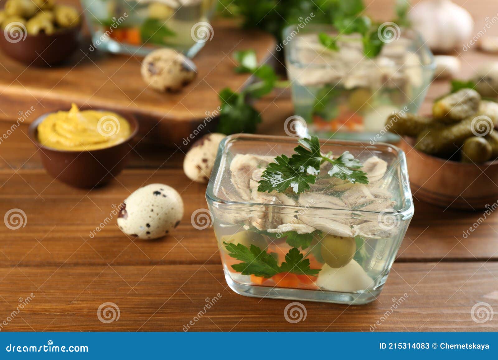 Delicious Aspic with Meat and Vegetables Served on Wooden Table Stock ...