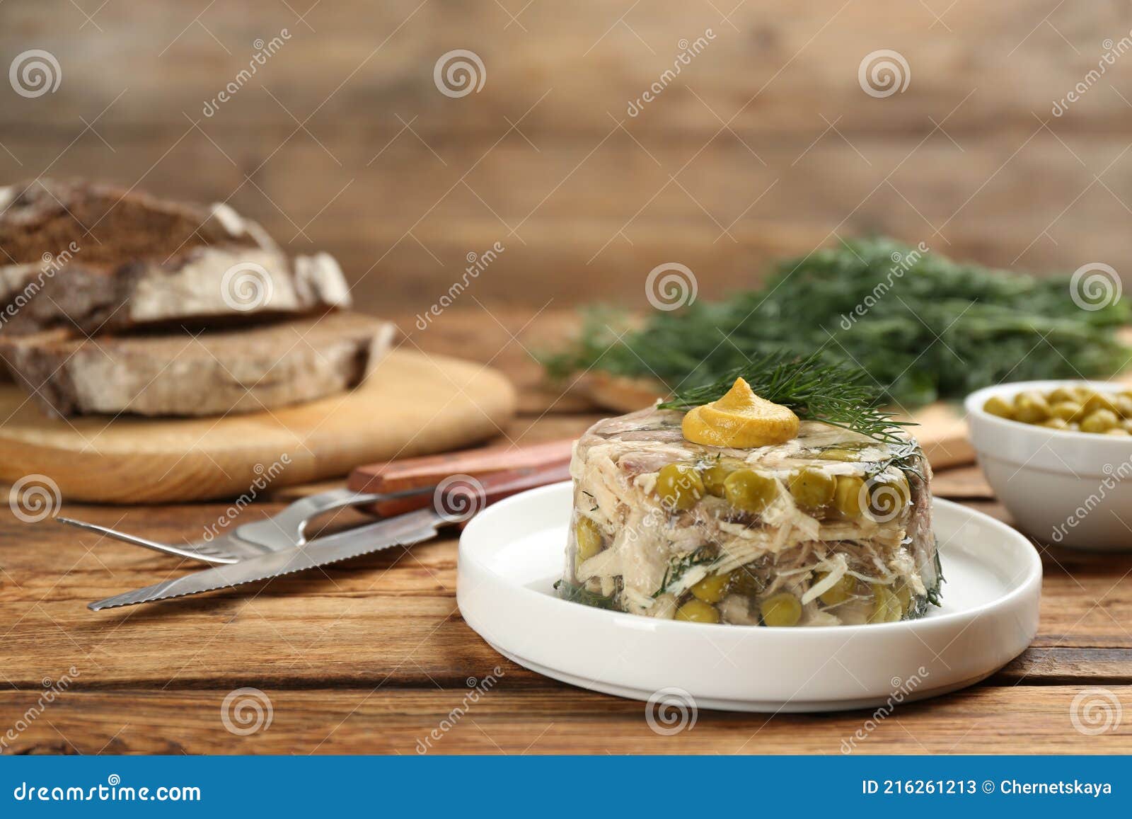 Delicious Aspic with Meat on Wooden Table, Space for Text Stock Image ...