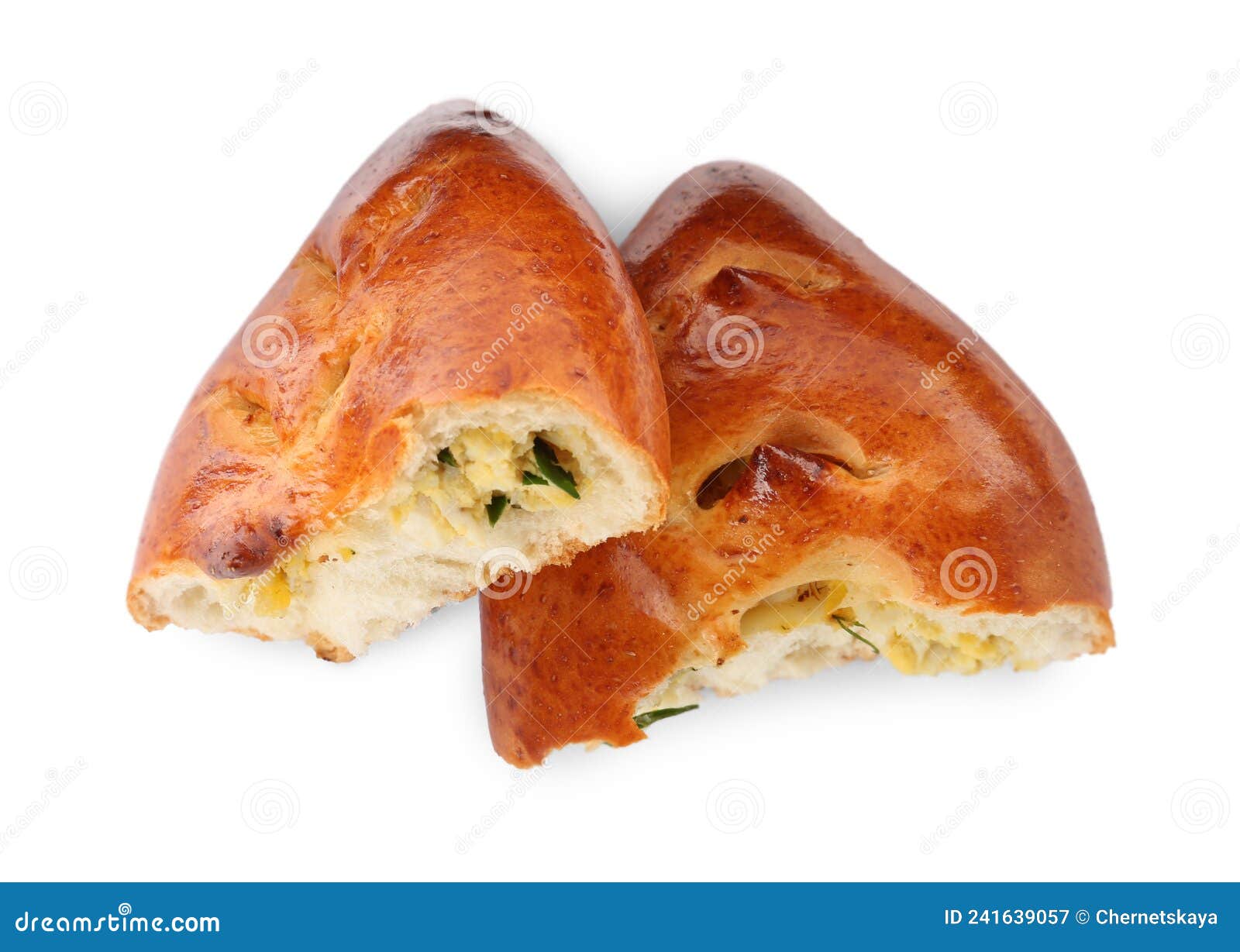 Delicious Baked Patty with Egg on White Background, Top View Stock ...