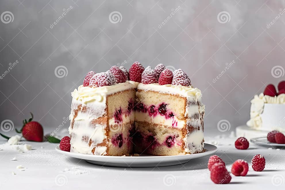 Delicious and Beautiful Raspberry Cake with Cream on a Light Background ...