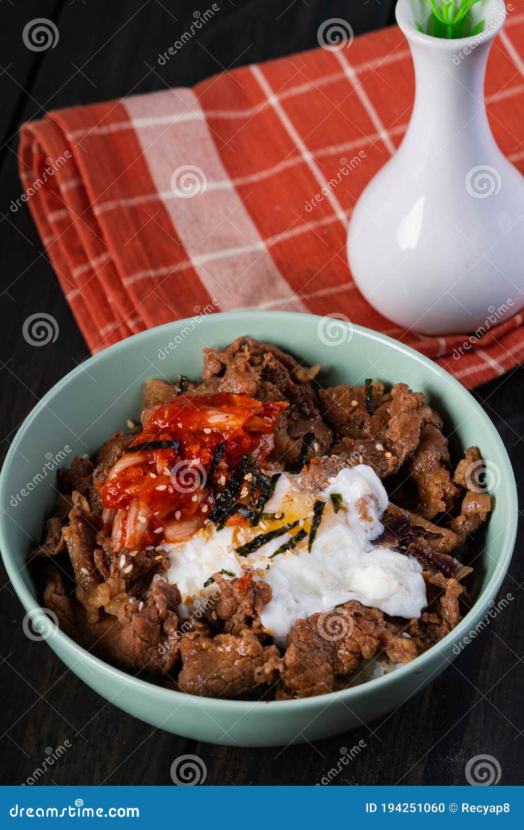 Beef Bulgogi with Kimchi and Egg on Rice Stock Photo - Image of ...