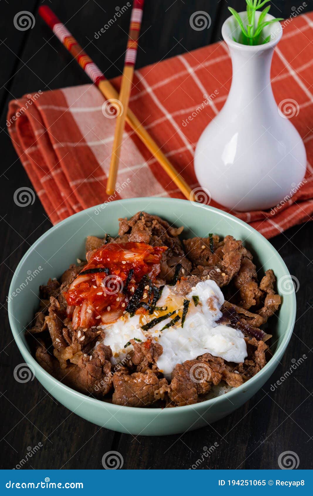 Beef Bulgogi with Kimchi and Egg on Rice Stock Image - Image of ...