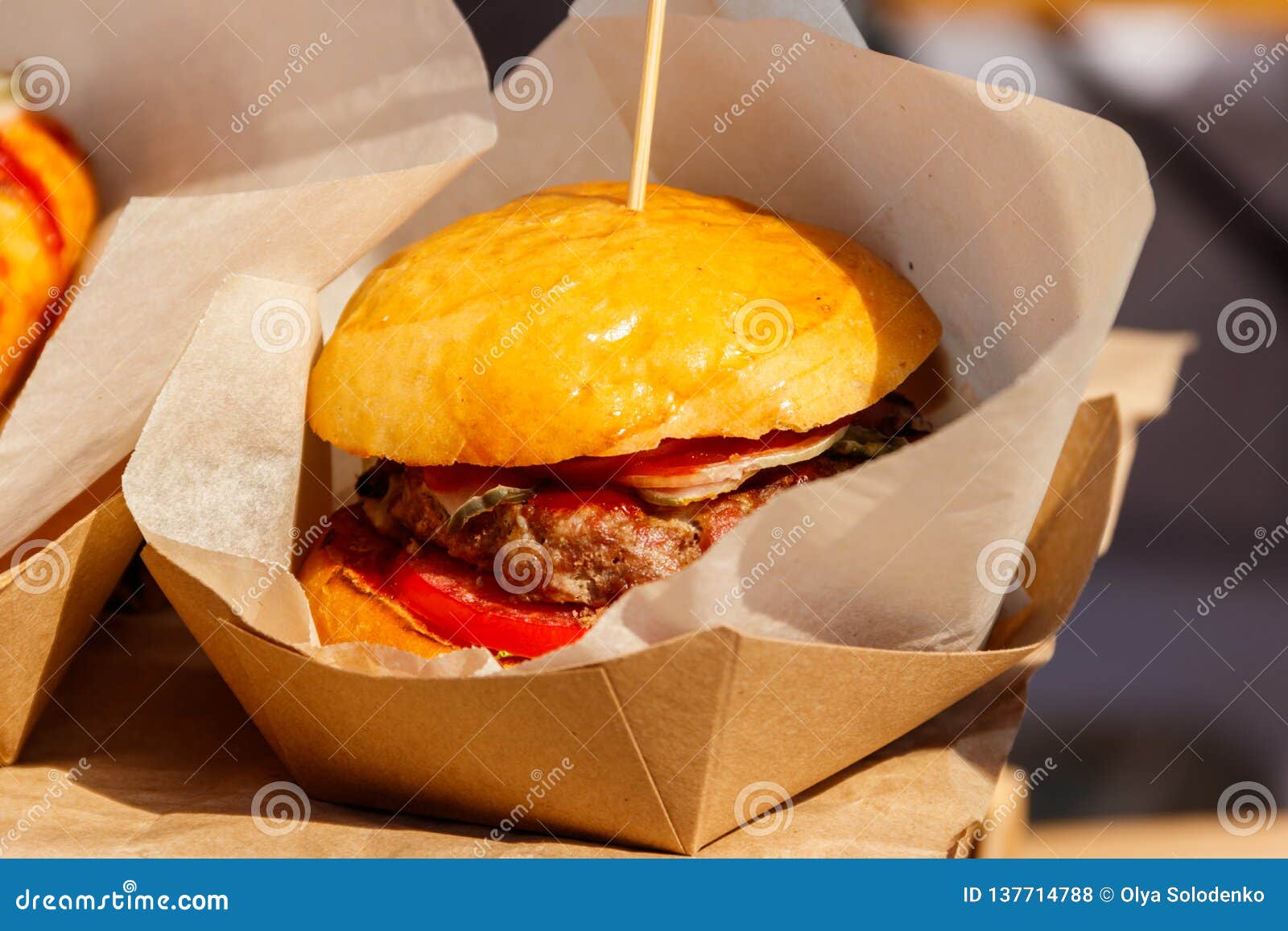 Delicious Big Hamburger Packed in Cardboard Box Stock Photo - Image of ...