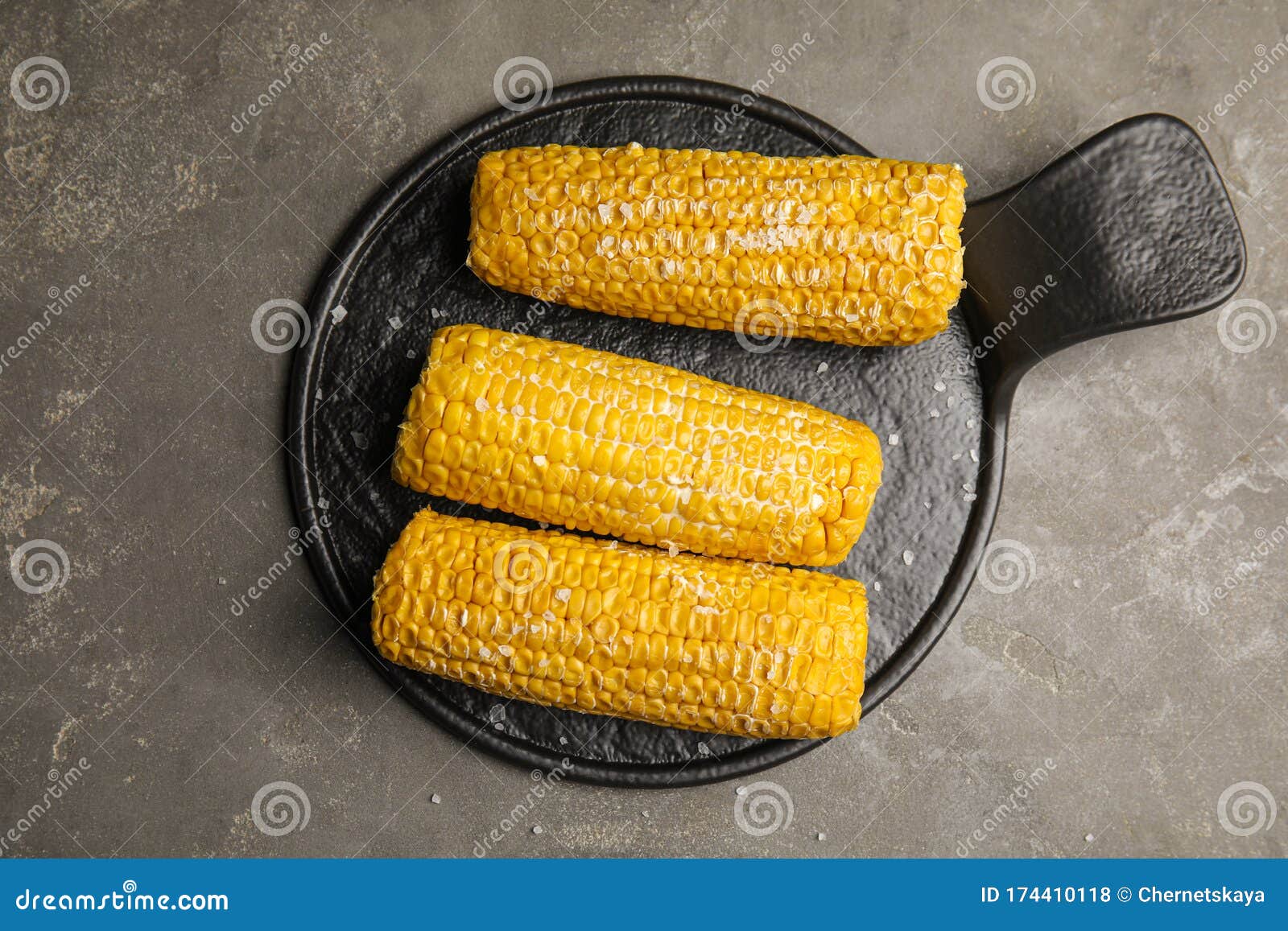 Delicious Boiled Corn with Butter and Salt on Table, Top View Stock ...