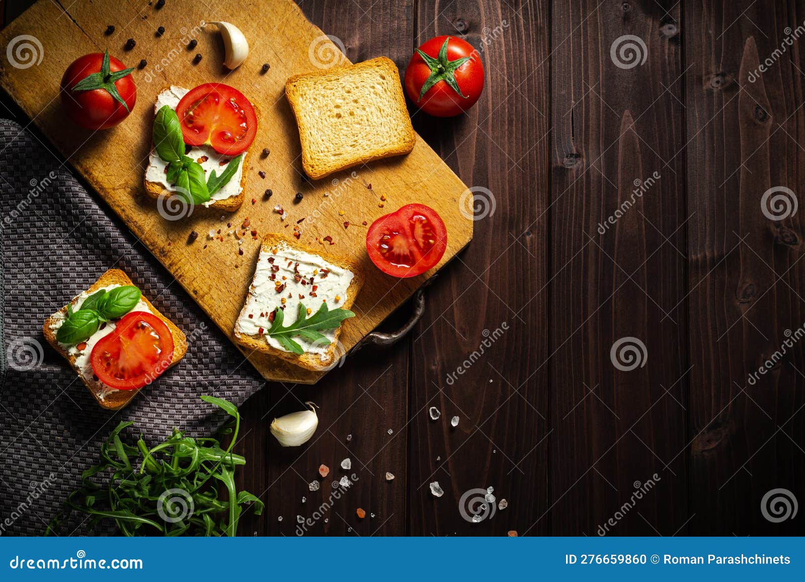 Delicious Bread with Cream Cheese, Tomato and Basilico on Wooden Table ...