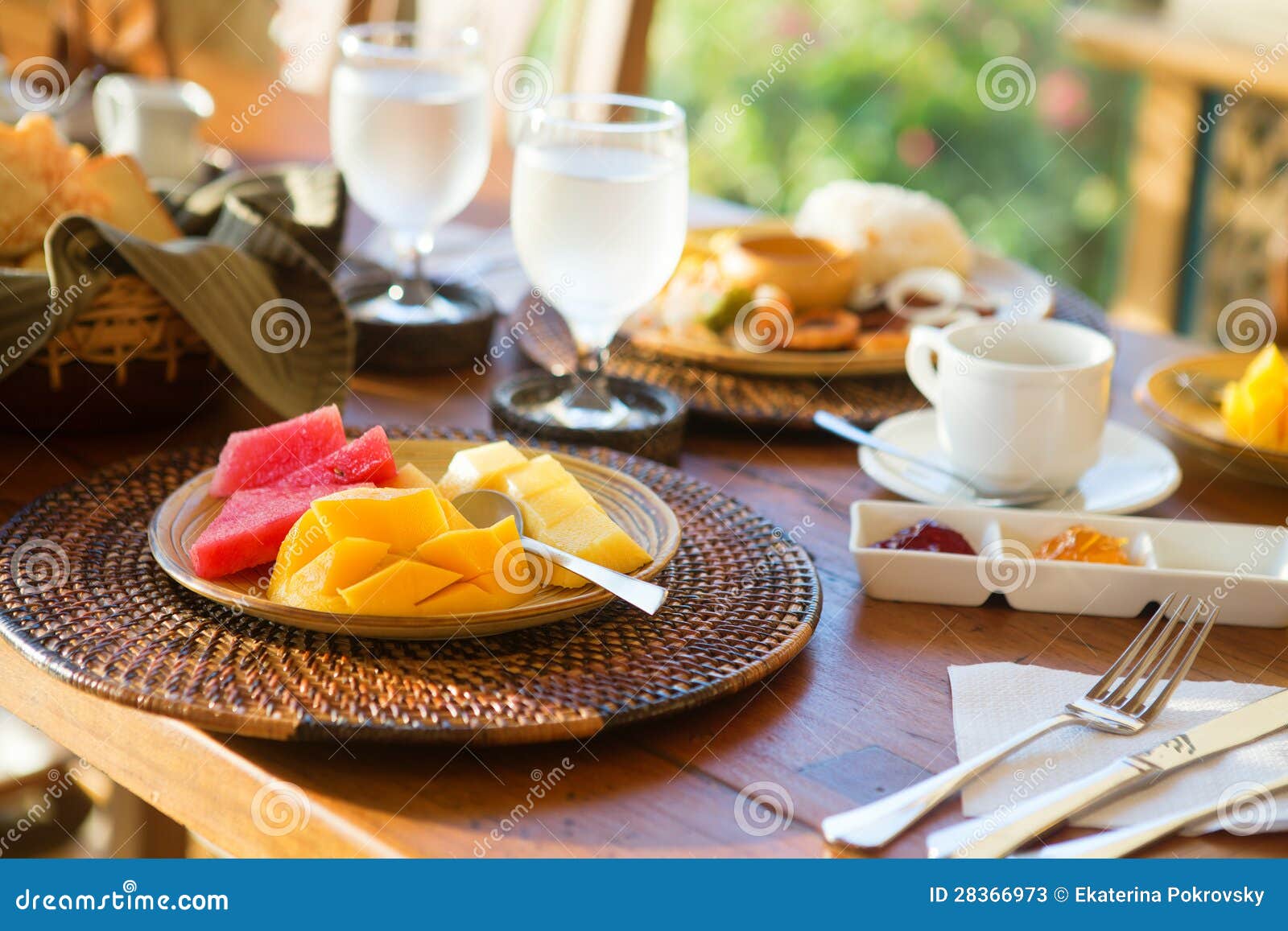 Delicious Breakfast with Fruit Selection and Coffee Stock Image - Image ...