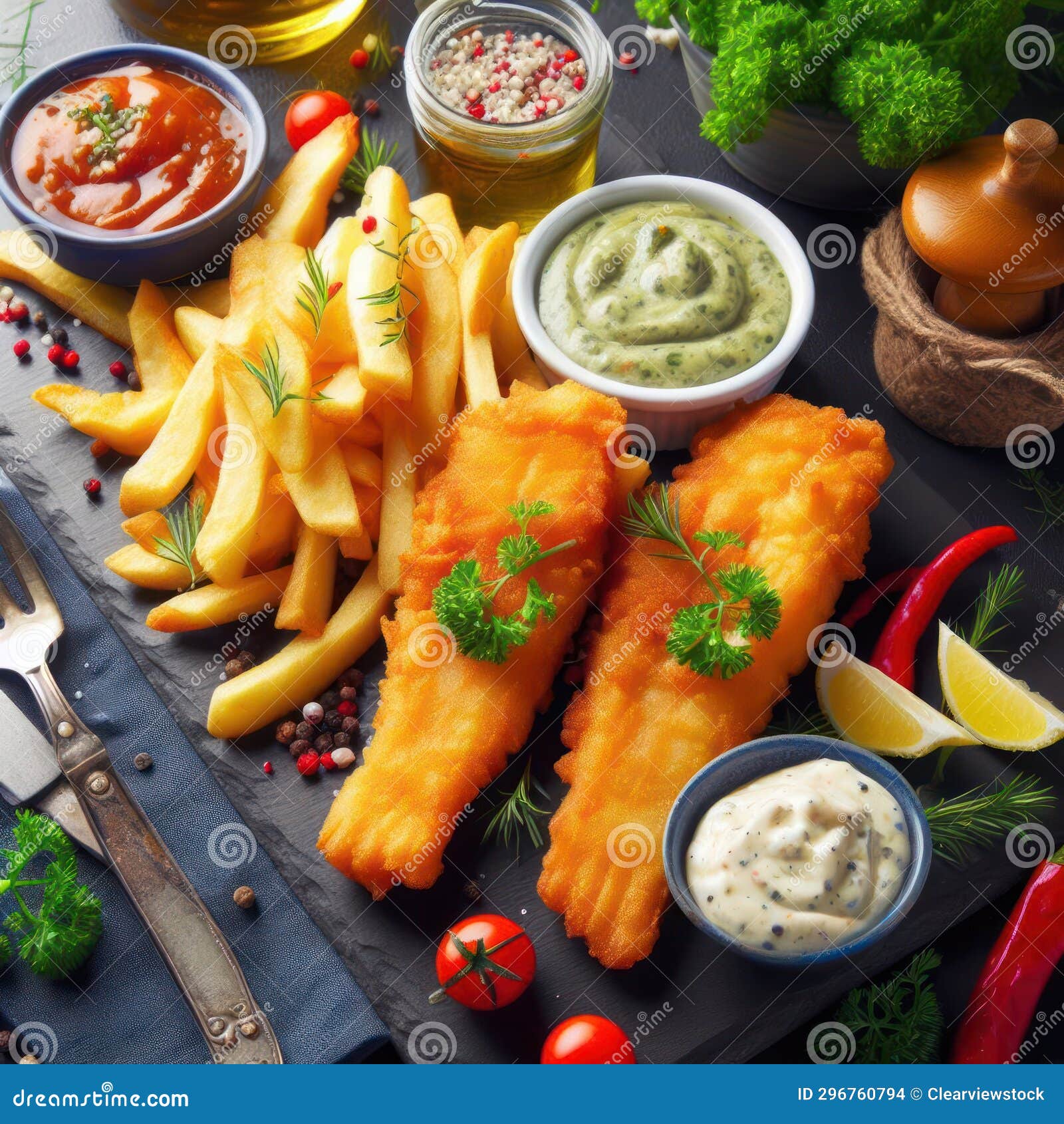 Delicious British Fried Fish and Chips with Tartar Sauce Stock ...