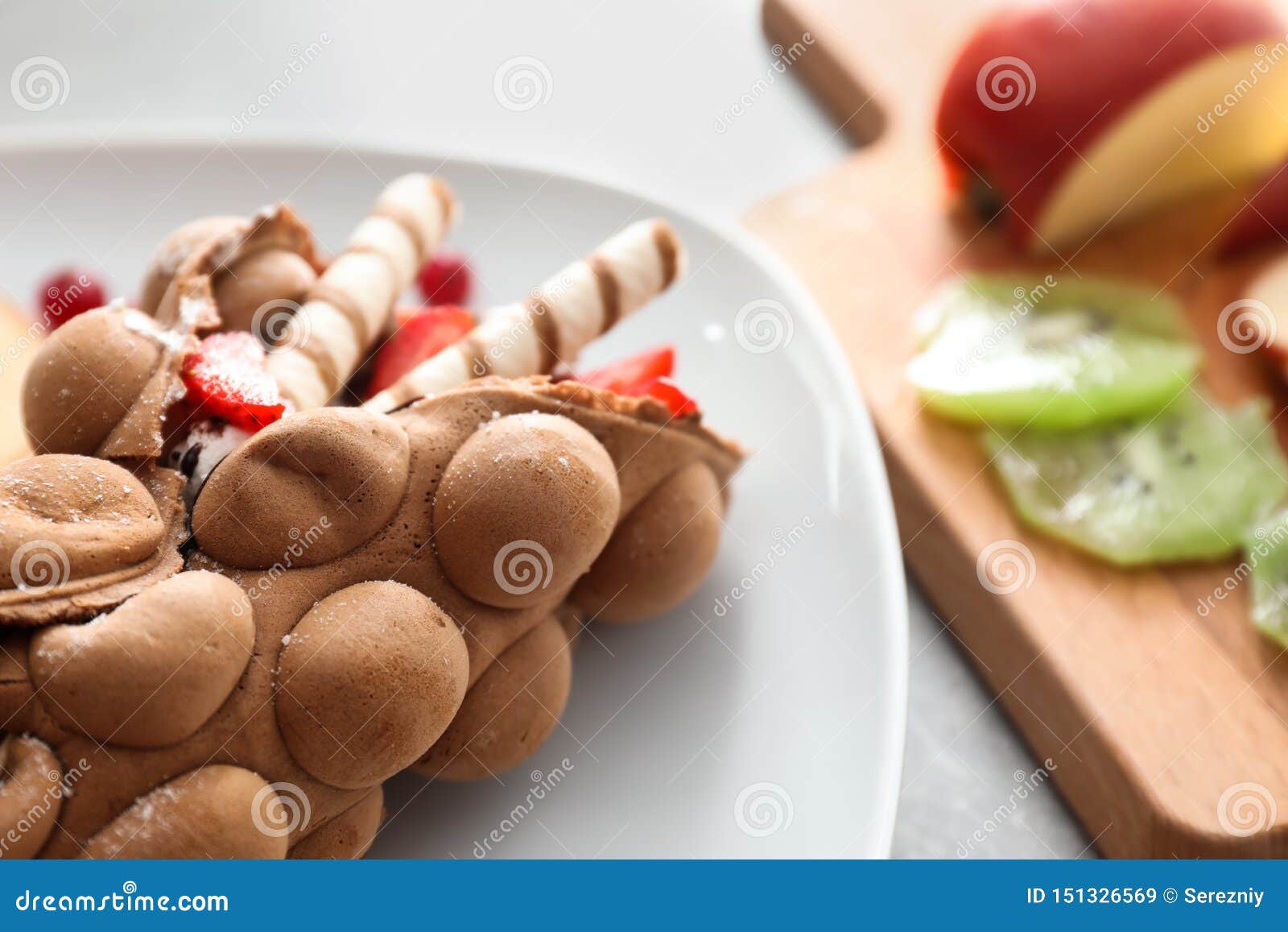 Delicious Bubble Waffle on Plate, Closeup Stock Image - Image of ...