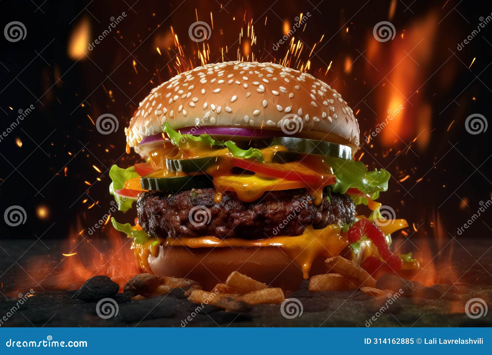 Delicious Burger Exploding in Front of the Camera with Floating ...