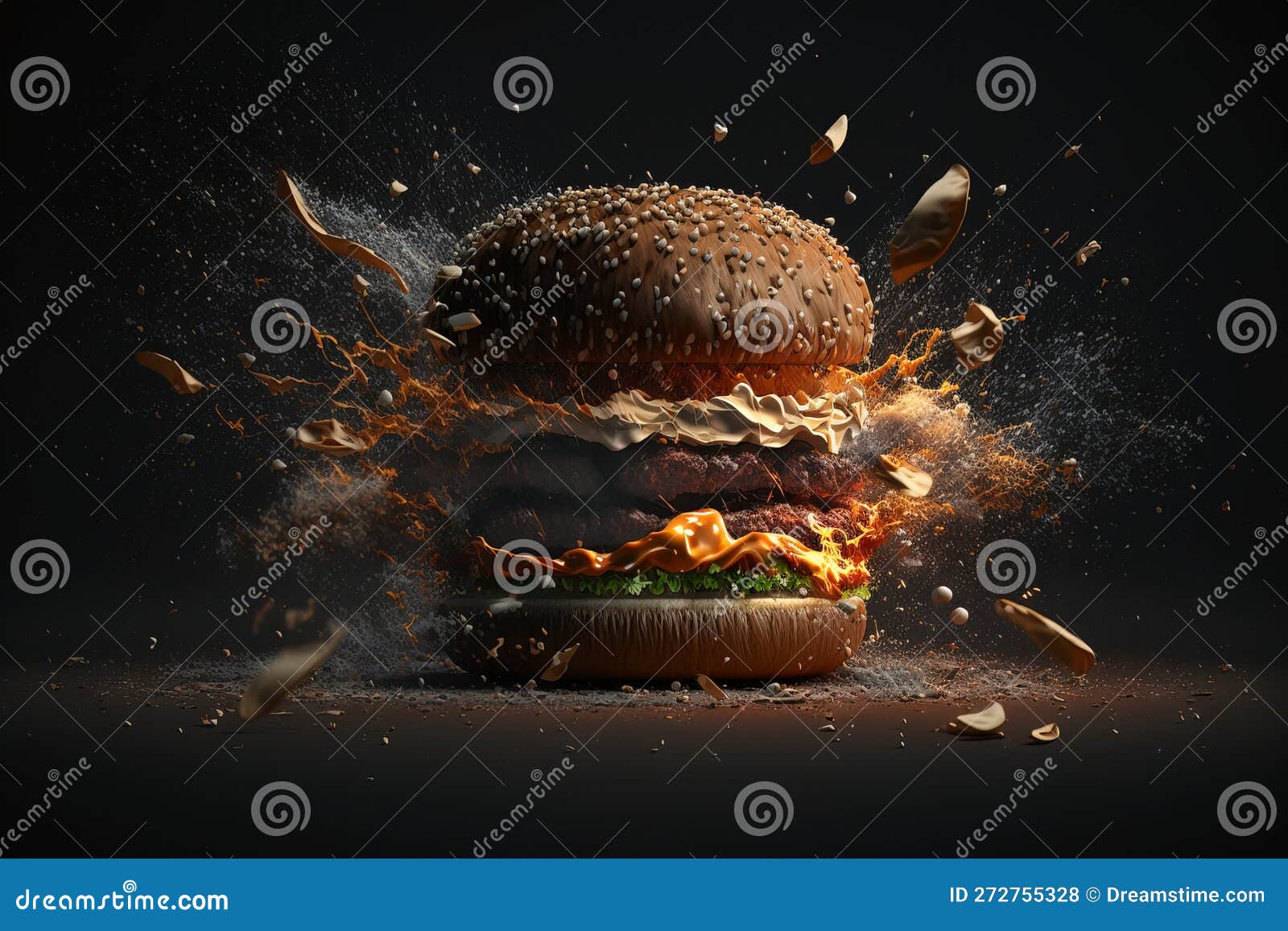 Delicious Burger Exploding in Front of the Camera with Floating ...