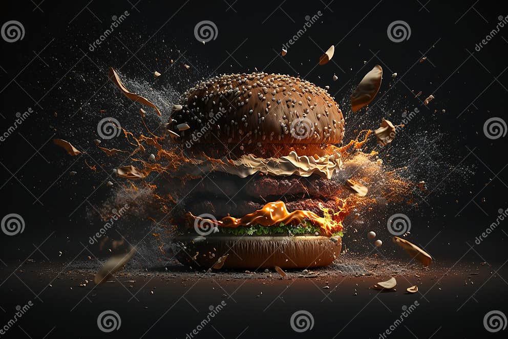 Delicious Burger Exploding in Front of the Camera with Floating ...