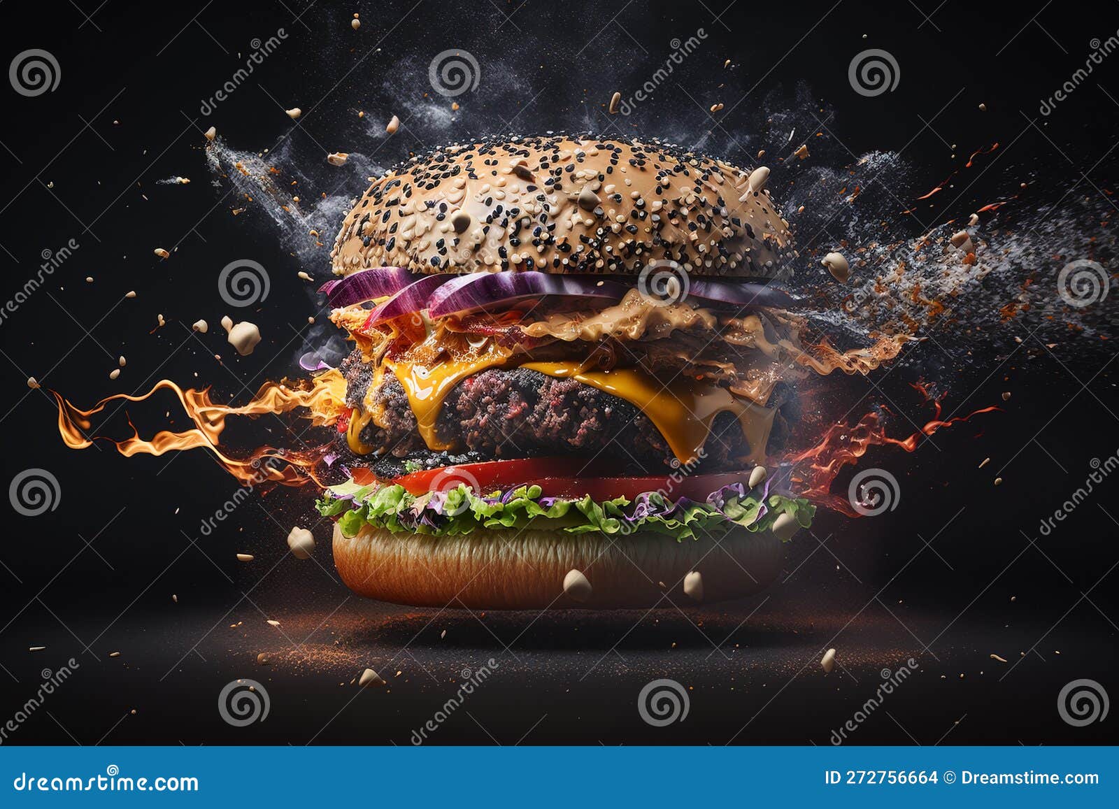 Delicious Burger Exploding in Front of the Camera with Floating ...