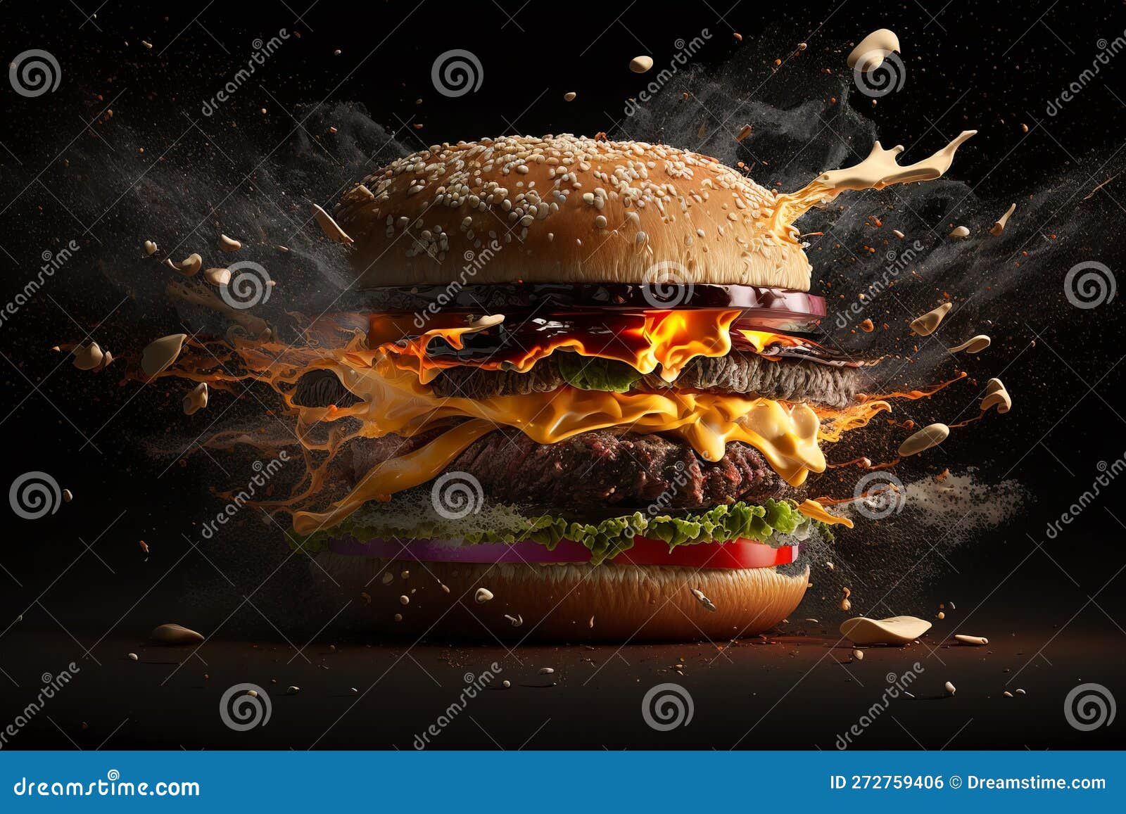 Delicious Burger Exploding in Front of the Camera with Floating ...