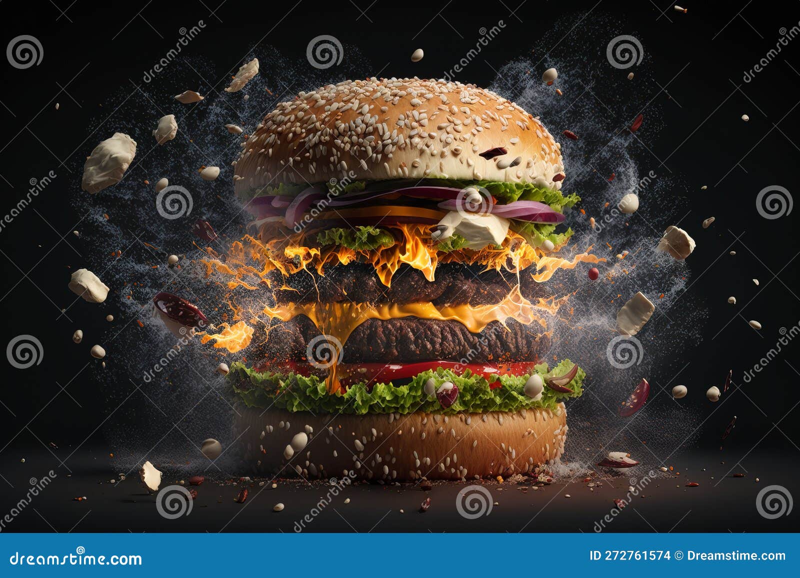 Delicious Burger Exploding in Front of the Camera with Floating ...