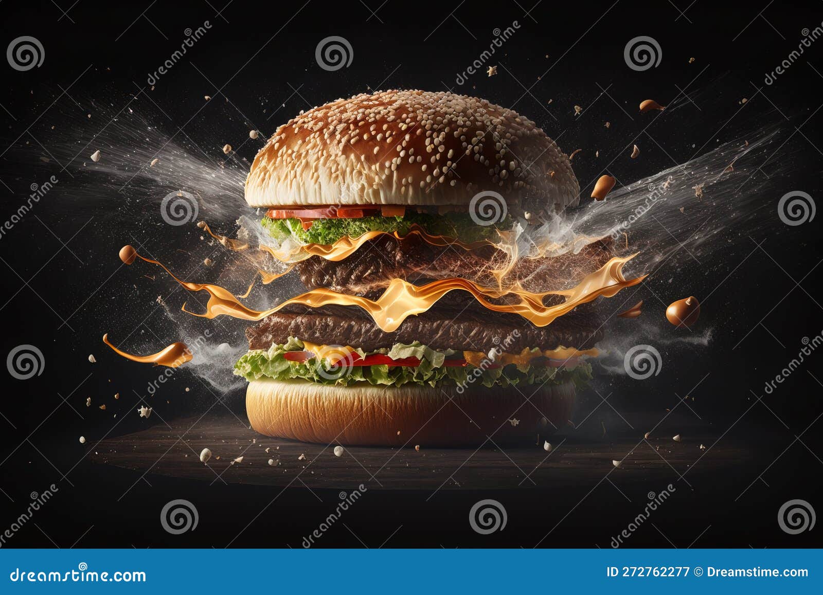 Delicious Burger Exploding in Front of the Camera with Floating ...