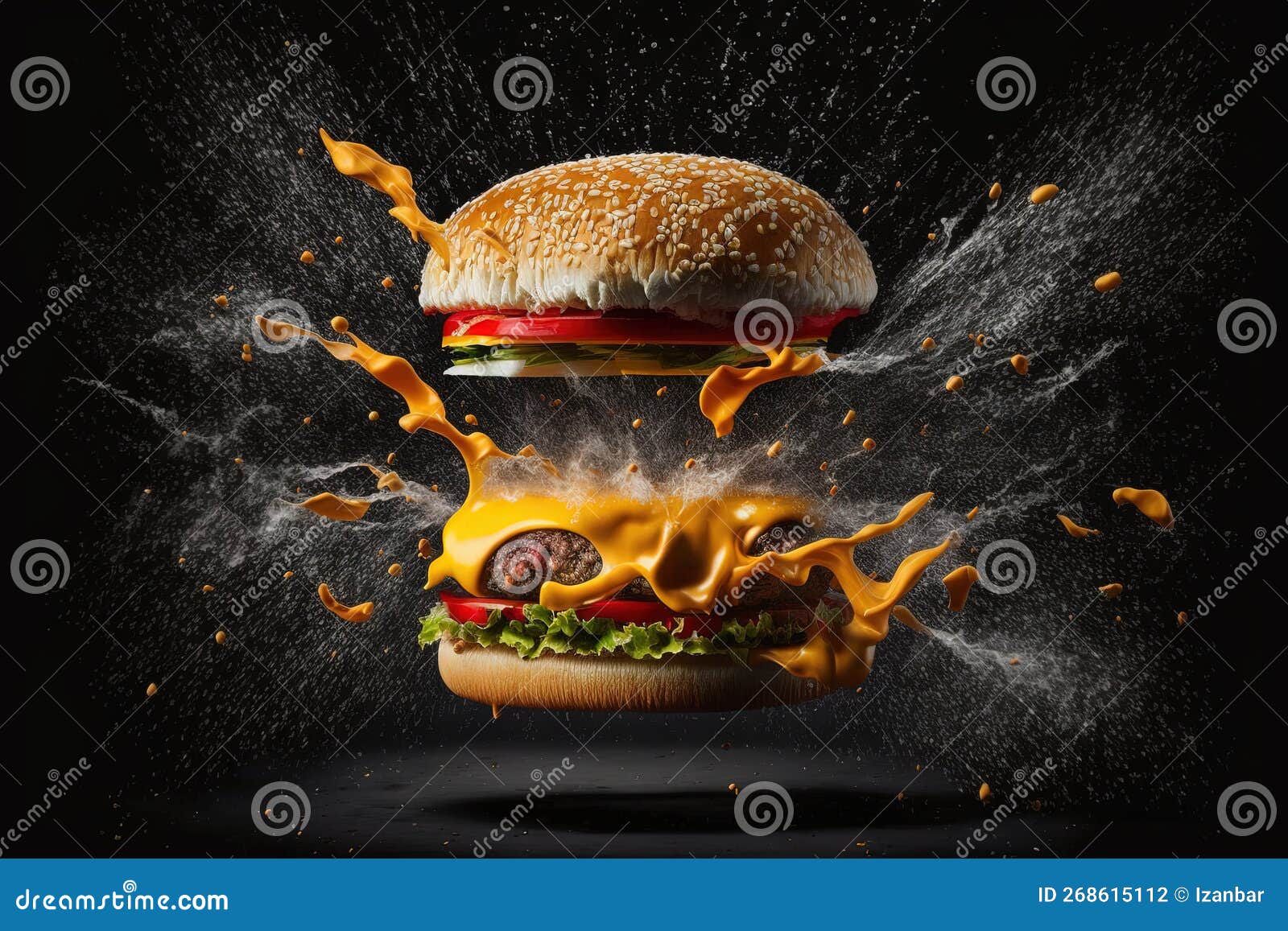 Delicious Burger Exploding in Front of the Camera with Floating ...