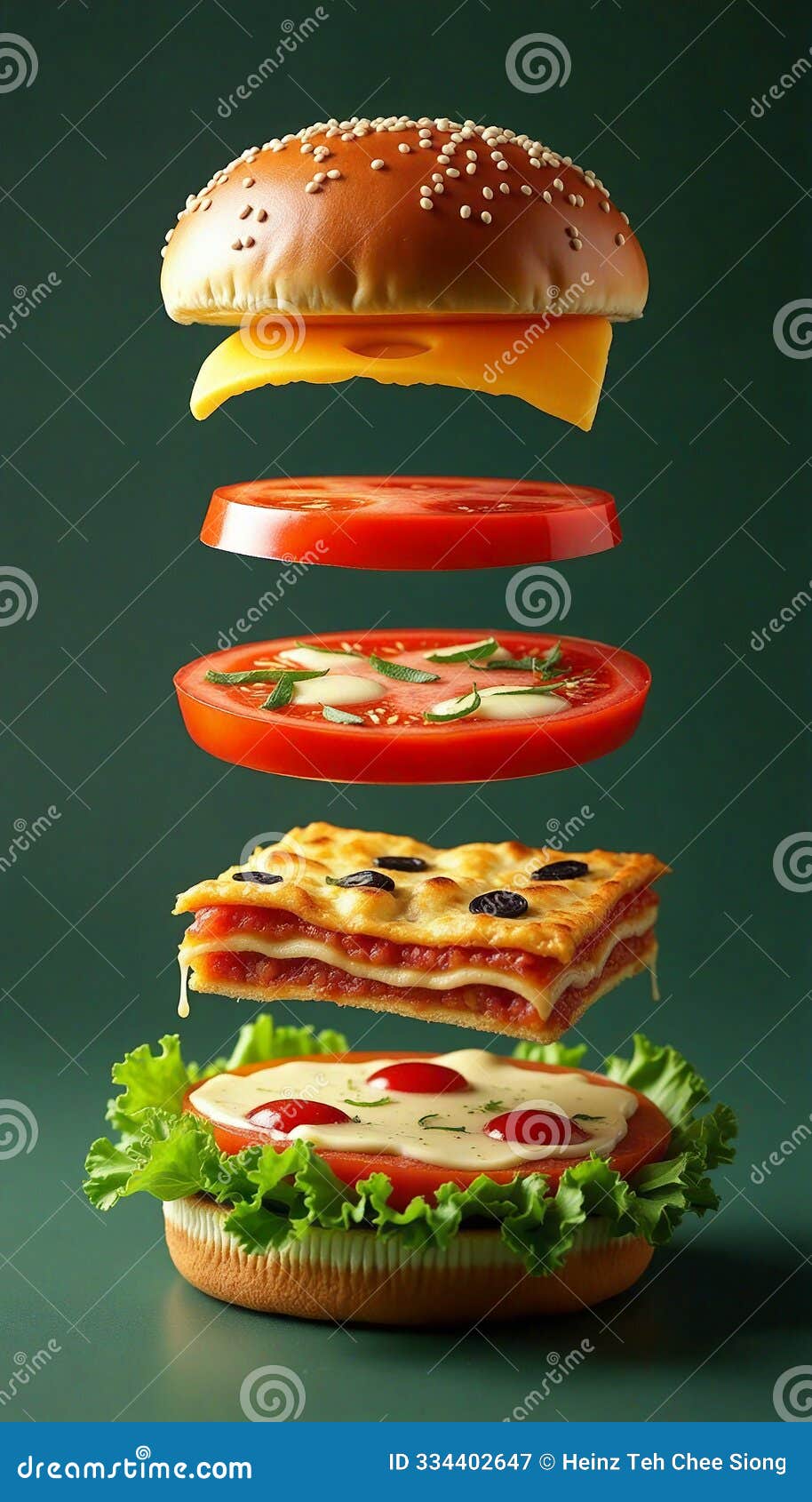 Delicious Burger Floating Ingredients on Green Background Stock ...