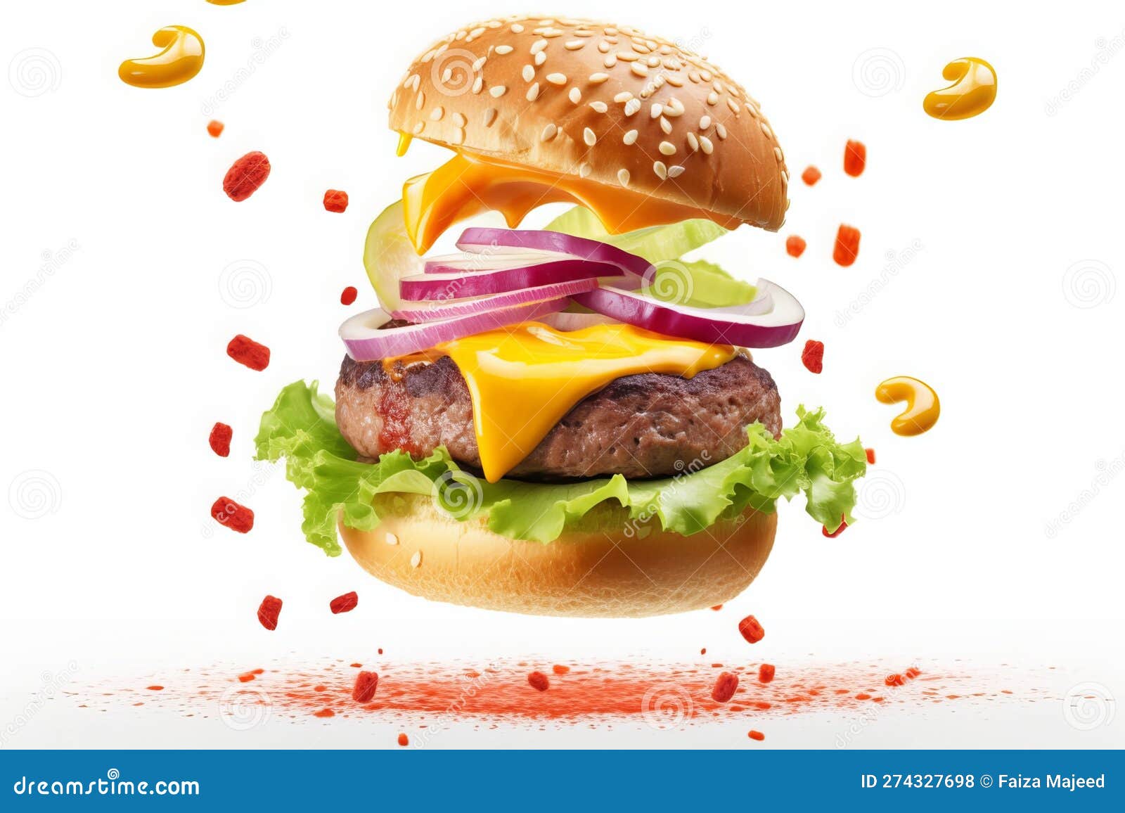 Delicious Burger with Floating Ingredients, Isolated on White Stock ...