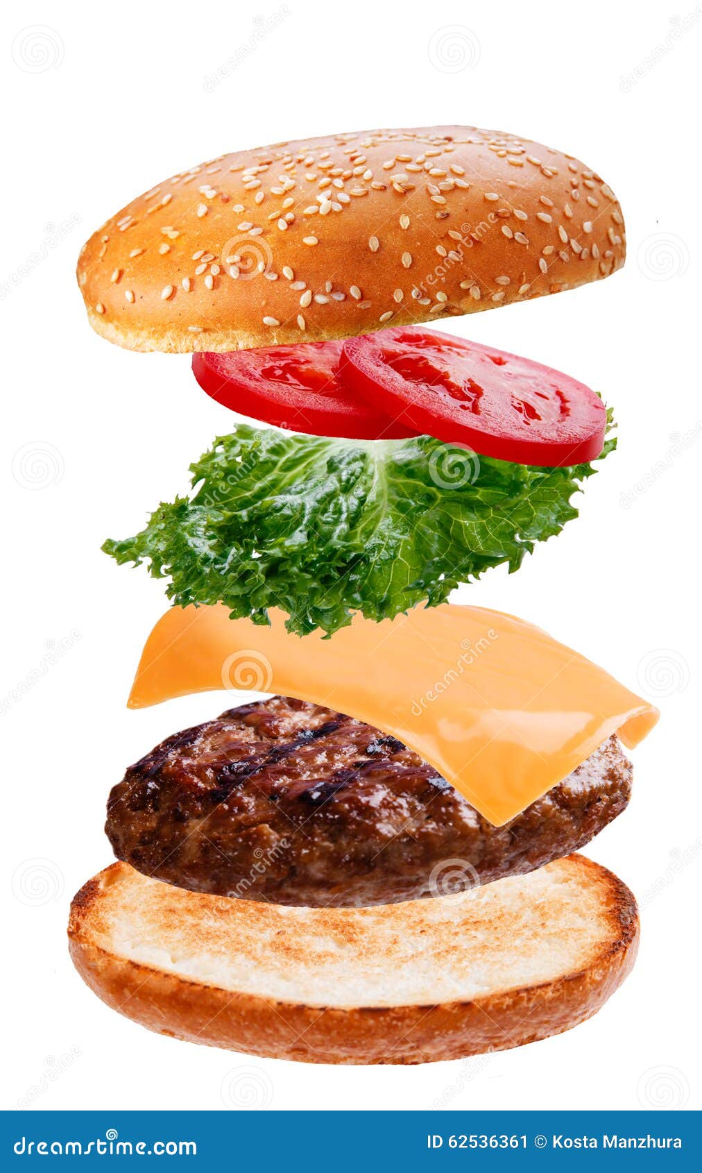 Delicious Burger with Flying Falling Ingredients on White Background ...