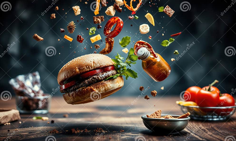 Delicious Burger with Fresh Ingredients, Exploding Stock Illustration ...