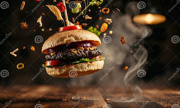 Delicious Burger with Fresh Ingredients, Exploding Stock Illustration ...