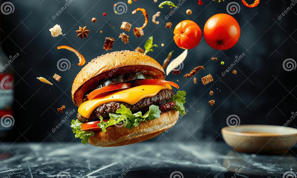 Delicious Burger with Fresh Ingredients, Exploding Stock Illustration ...