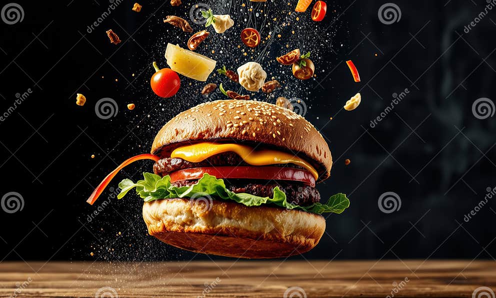 Delicious Burger with Fresh Ingredients, Exploding Stock Illustration ...