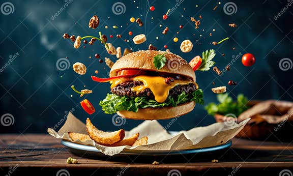 Delicious Burger with Fresh Ingredients, Exploding Stock Illustration ...