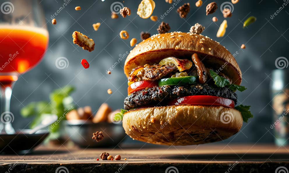 Delicious Burger with Fresh Ingredients, Exploding Stock Illustration ...
