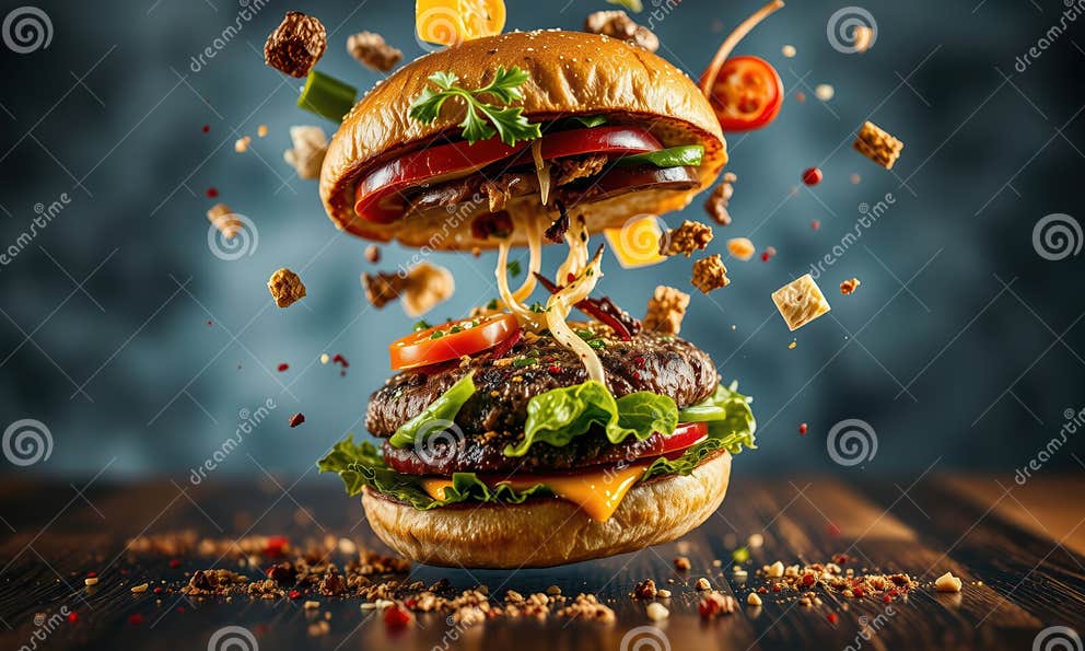 Delicious Burger with Fresh Ingredients, Exploding Stock Illustration ...
