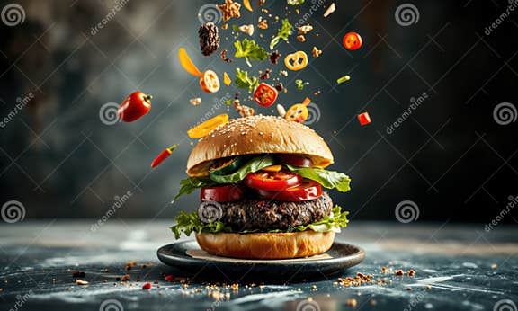 Delicious Burger with Fresh Ingredients, Exploding Stock Illustration ...