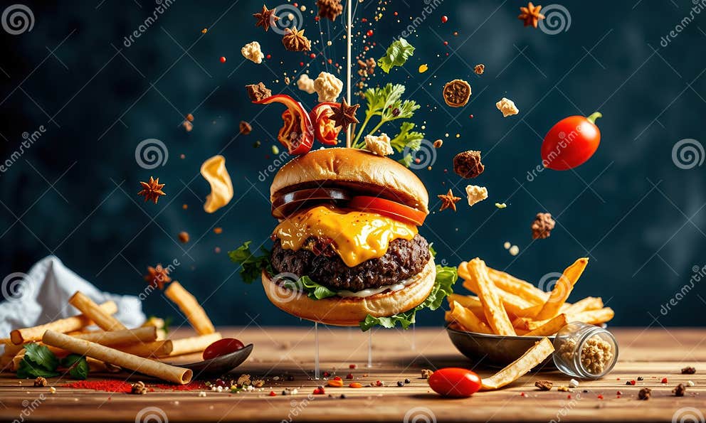 Delicious Burger with Fresh Ingredients, Exploding Stock Illustration ...