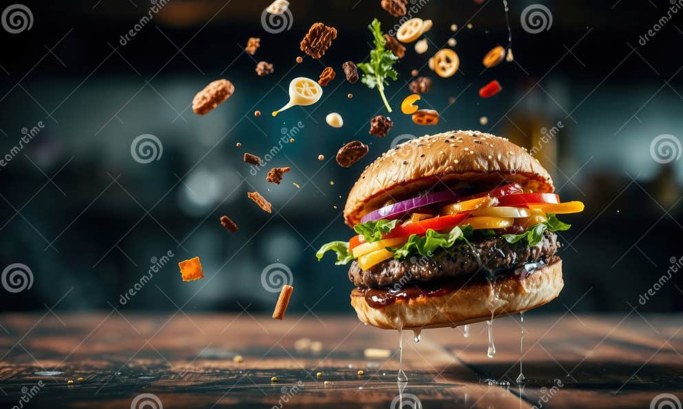 Delicious Burger with Fresh Ingredients, Exploding Stock Illustration ...